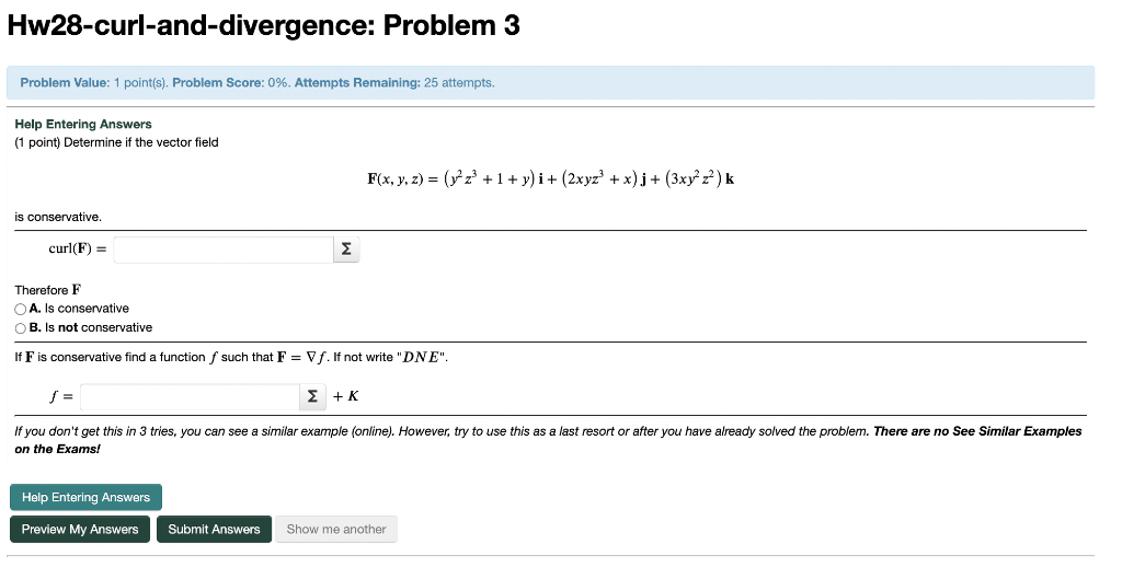Solved Hw28-curl-and-divergence: Problem 3 Problem Value: 1 | Chegg.com