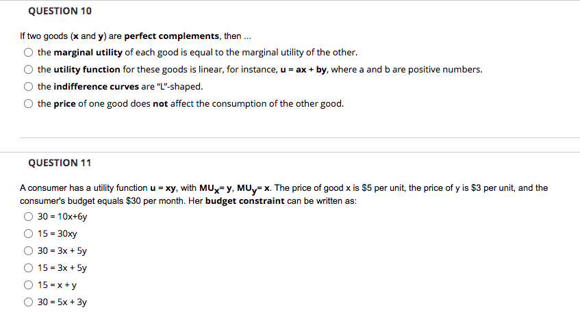 Solved QUESTION 10 If two goods (x and y) are perfect | Chegg.com