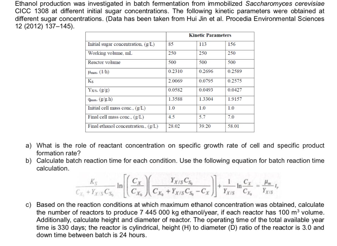Solved Ethanol production was investigated in batch | Chegg.com