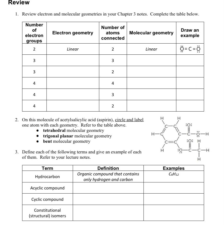 Solved 1. Review electron and molecular geometries in your | Chegg.com