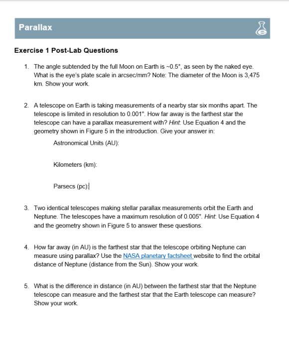Solved Parallax Exercise 1 Post-Lab Questions 1. The angle | Chegg.com