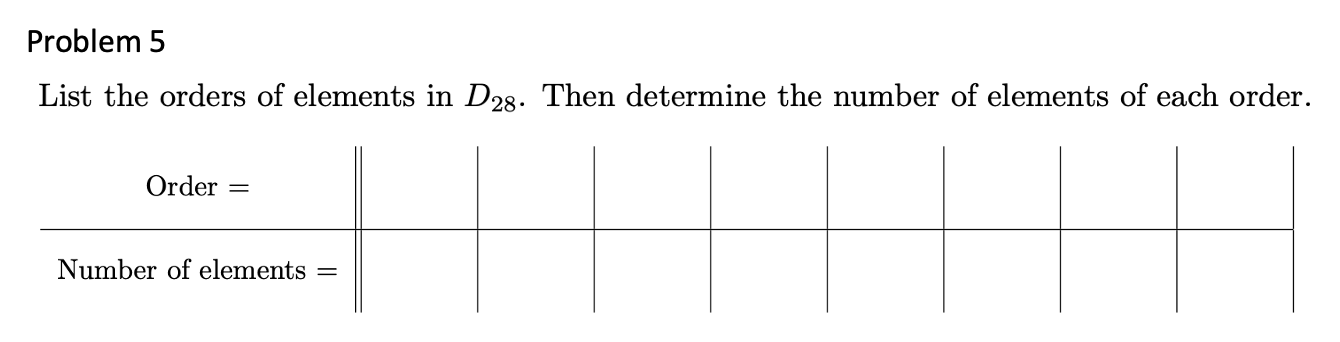 Solved List the orders of elements in D28. Then determine | Chegg.com