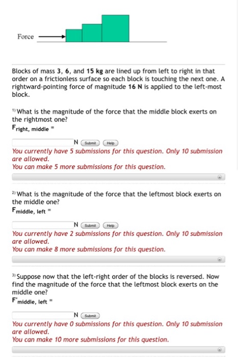 Solved Force Blocks of mass 3, 6, and 15 kg are lined up | Chegg.com