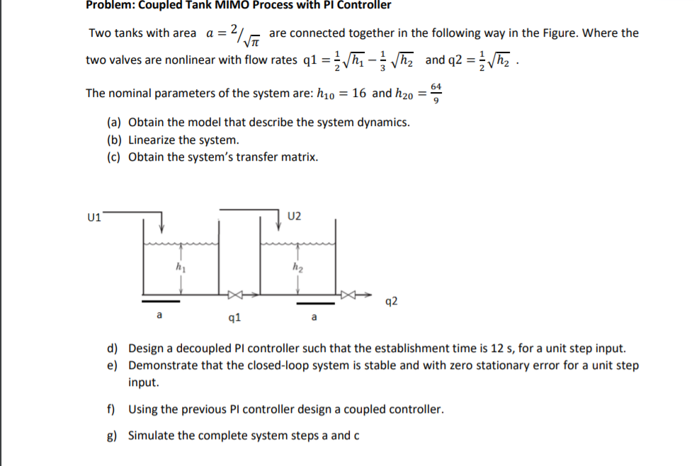 Problem: Coupled Tank MIMO Process with Pl Controller | Chegg.com