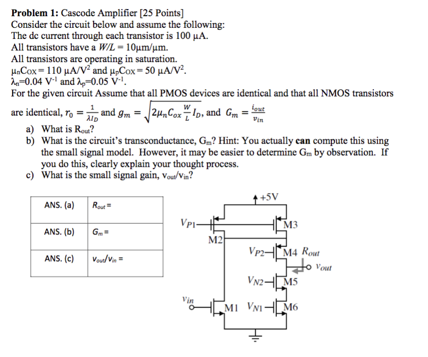 Problem 1: Cascode Amplifier [25 Points] Consider the | Chegg.com