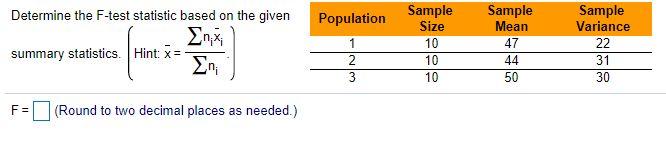 Solved Determine the F-test statistic based on the given | Chegg.com