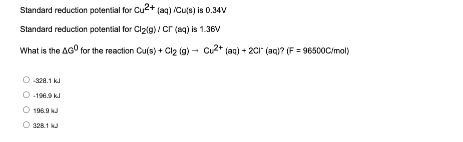 Solved Standard reduction potential for Cu2+ (aq) /Cu(s) is | Chegg.com