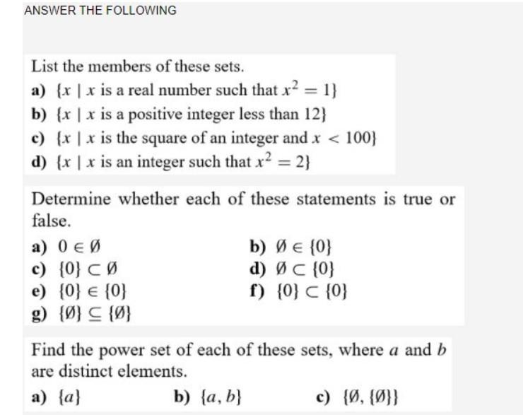 Solved ANSWER THE FOLLOWING List the members of these sets. | Chegg.com