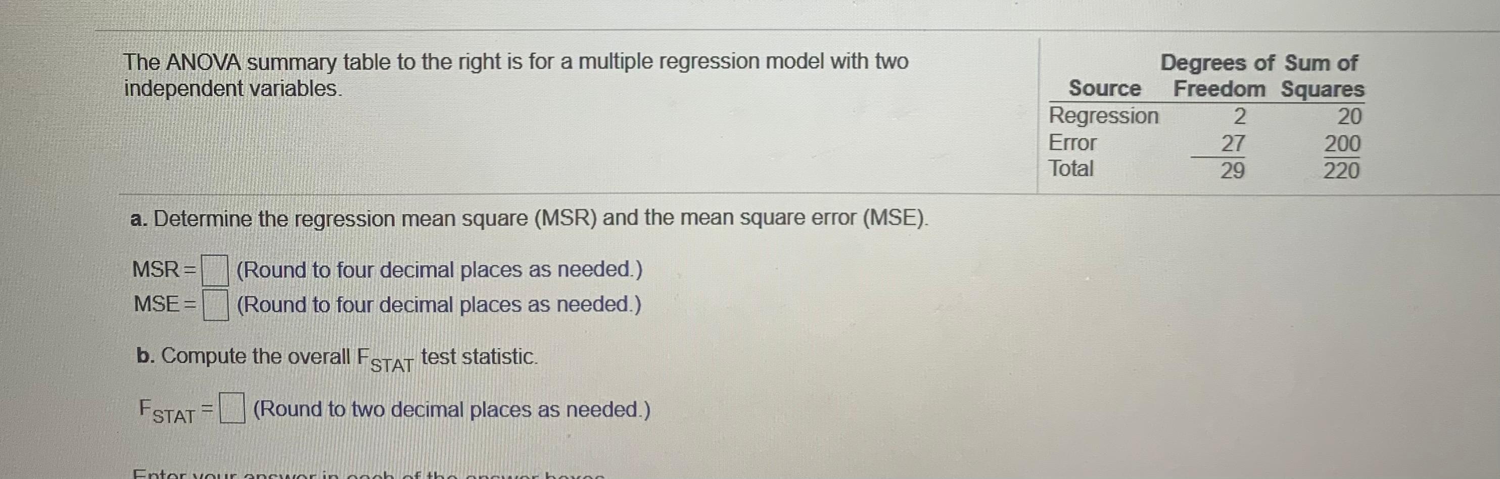 Solved The ANOVA summary table to the right is for a | Chegg.com
