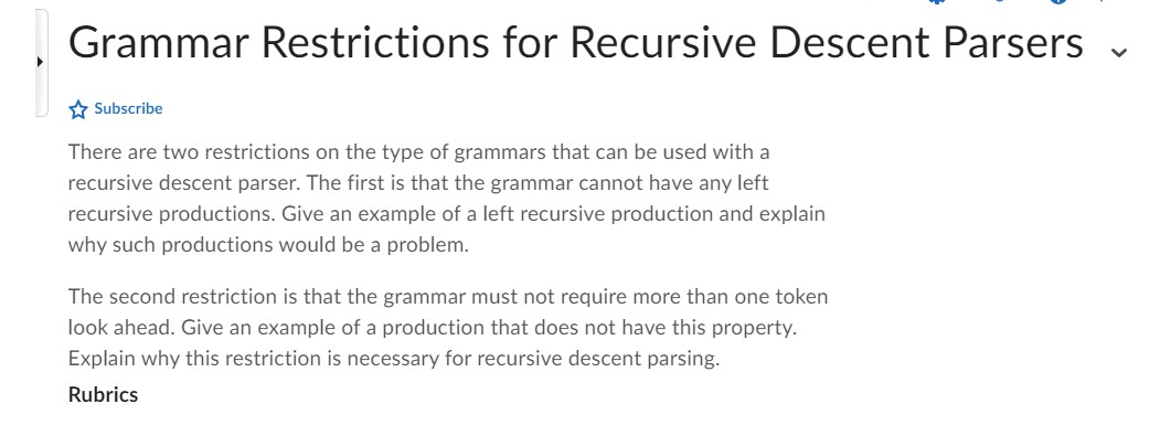 Solved Grammar Restrictions for Recursive Descent Parsers | Chegg.com