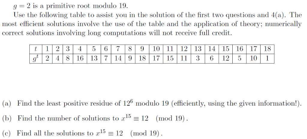 Solved g 2 is a primitive root modulo 19. Use the following | Chegg.com