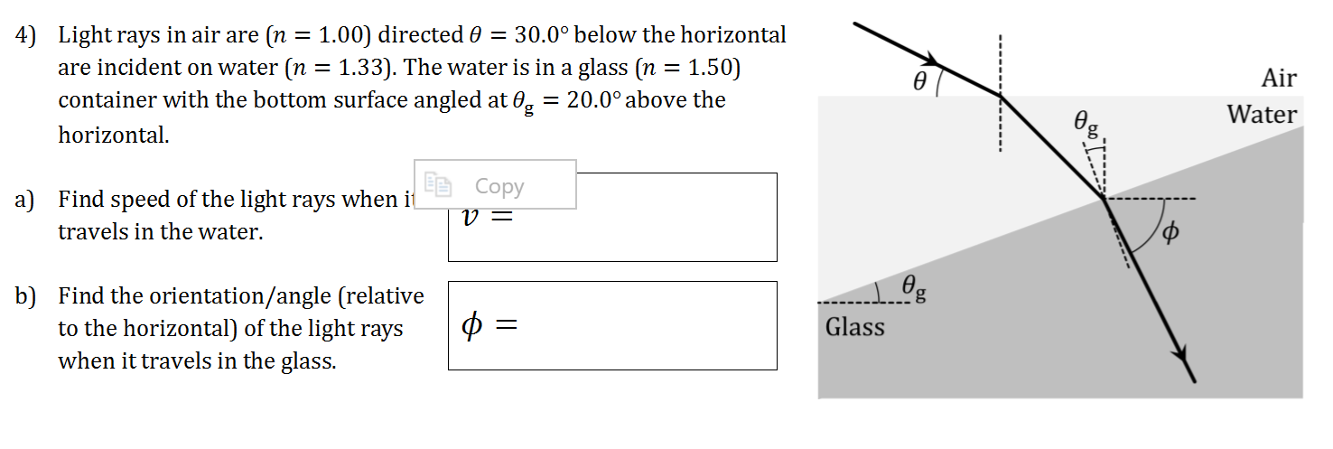 Solved 4) Light rays in air are (n = 1.00) directed 0 = | Chegg.com