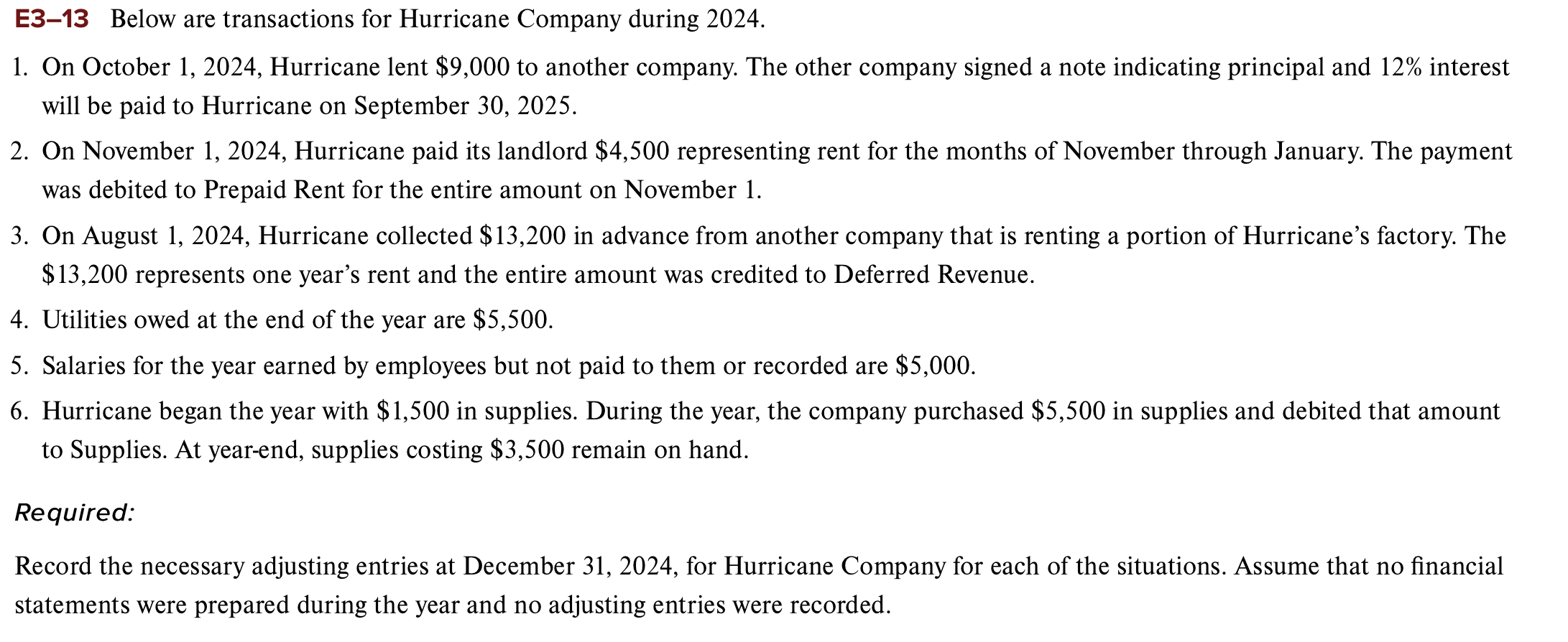 Solved E3-13 Below are transactions for Hurricane Company | Chegg.com