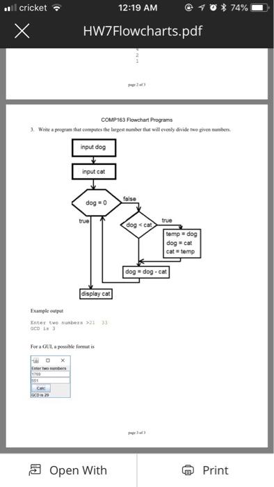 Solved 1 cricket 12:19 AM * 74% HW7Flowcharts.pdf COMP163 | Chegg.com