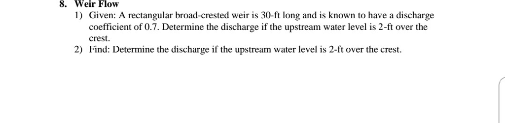 Solved 8. Weir Flow 1) Given: A rectangular broad-crested | Chegg.com