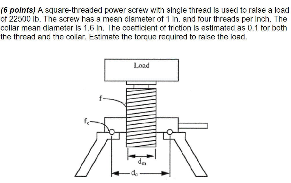 Solved (6 points) A square-threaded power screw with single | Chegg.com
