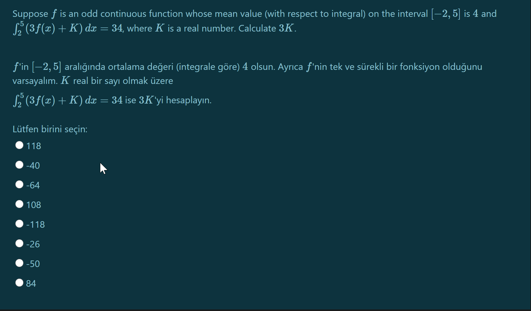 Solved Suppose f is an odd continuous function whose mean | Chegg.com