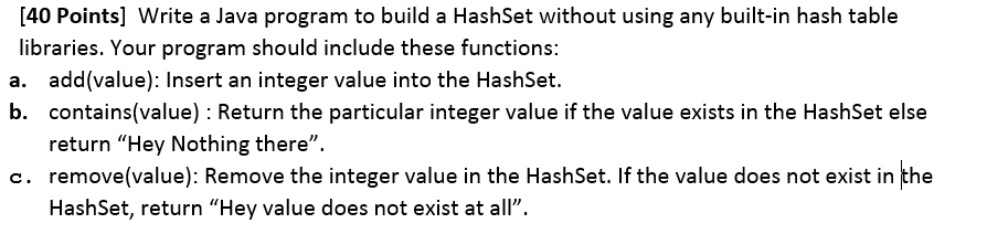 Solved [40 Points] Write a Java program to build a HashSet | Chegg.com