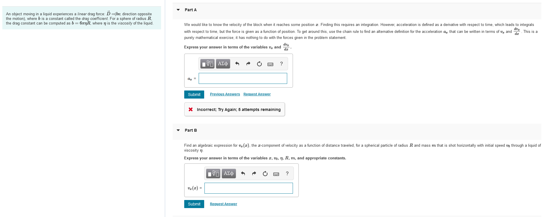 Solved - Part B Find an algebraic expression for vx(x), the | Chegg.com