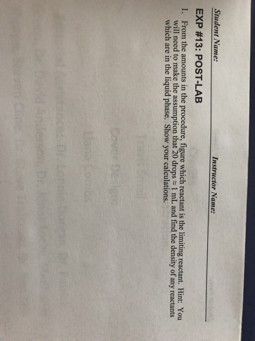 Solved Student Name: Instructor Name: EXP #13: POST-LAB 1. | Chegg.com