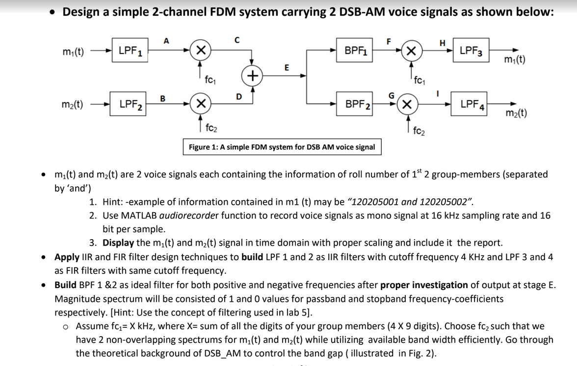 Design a simple 2-channel FDM system carrying 2 | Chegg.com