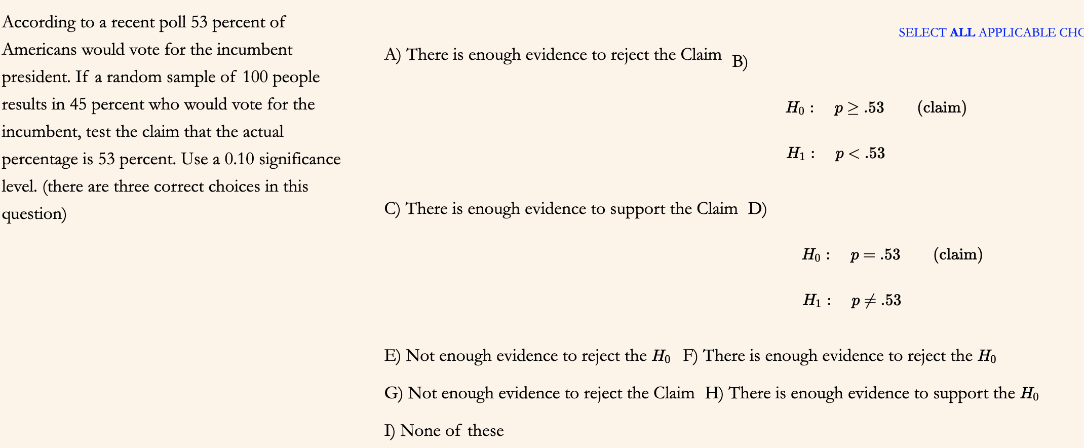 Solved SELECT ALL APPLICABLE CHC A) There is enough evidence | Chegg.com