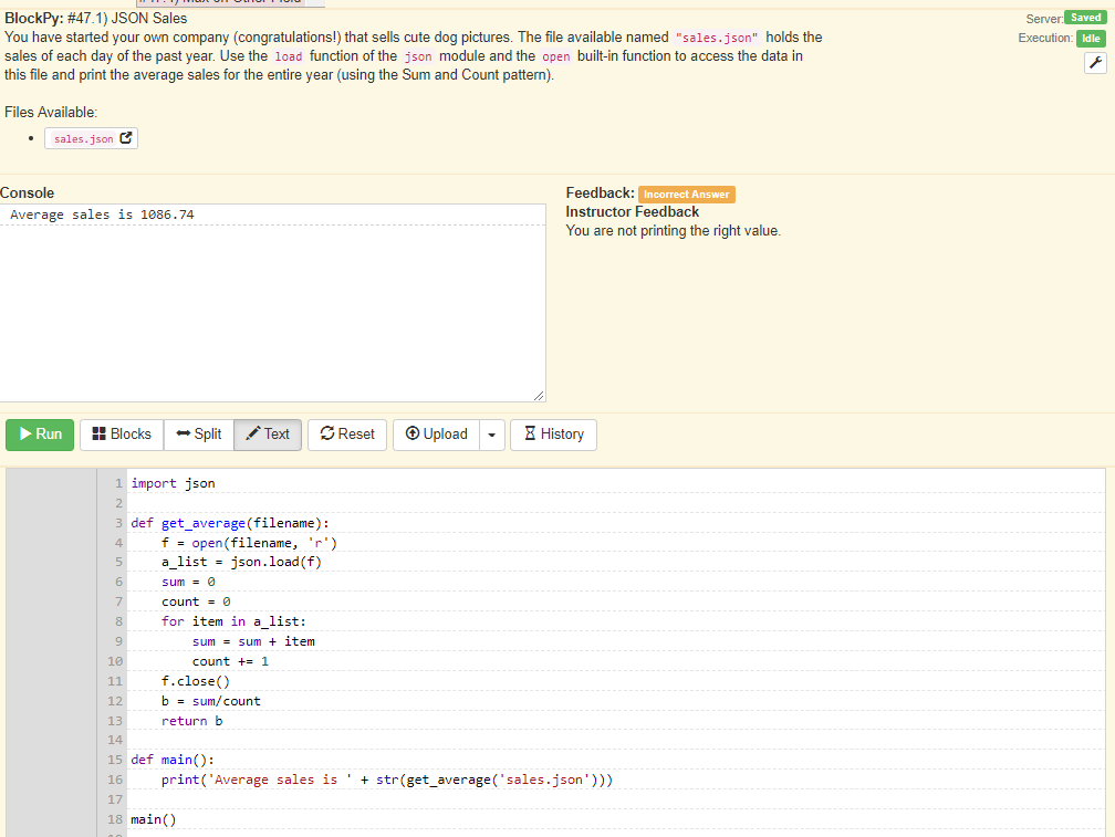 Solved Server. Saved BlockPy: #471) JSON Sales You have | Chegg.com