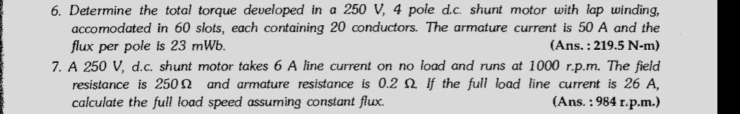 Solved 6. Determine the total torque developed a 250 V, 4 | Chegg.com