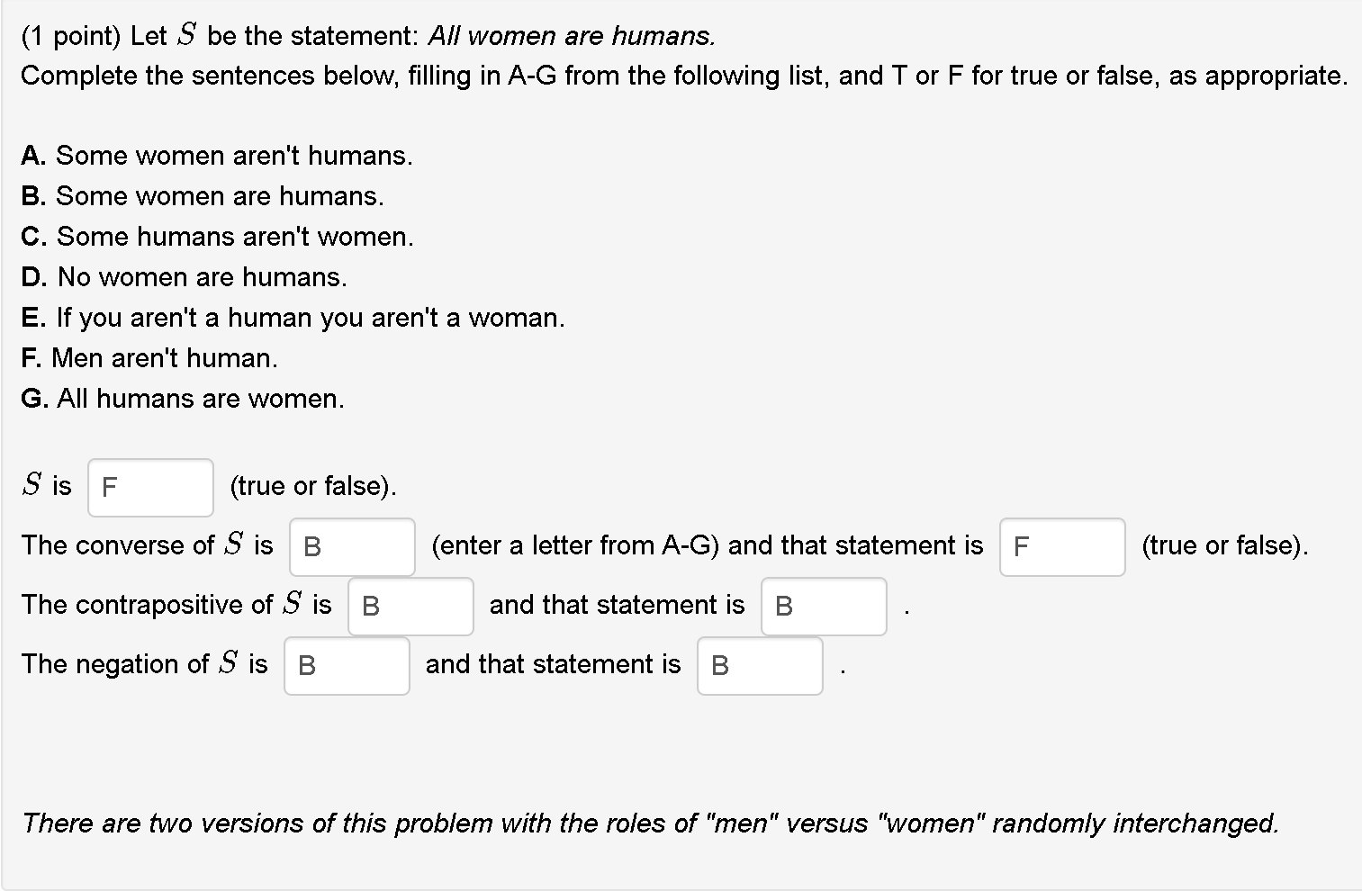 Solved (1 point) Let S be the statement: All women are | Chegg.com