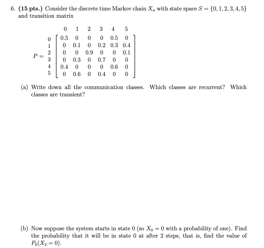 Solved 6. (15 pts.) Consider the discrete time Markov chain | Chegg.com