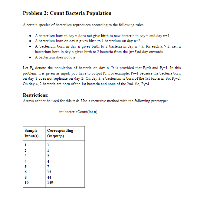 Solved Problem 2: Count Bacteria Population A certain | Chegg.com