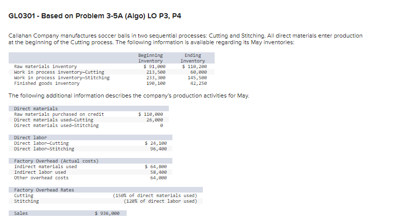 Solved GLO301 - Based on Problem 3-5A (Algo) LO P3, P4 | Chegg.com