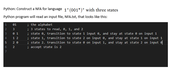 Solved Python: Construct a NFA for language 1**(001+)** | Chegg.com