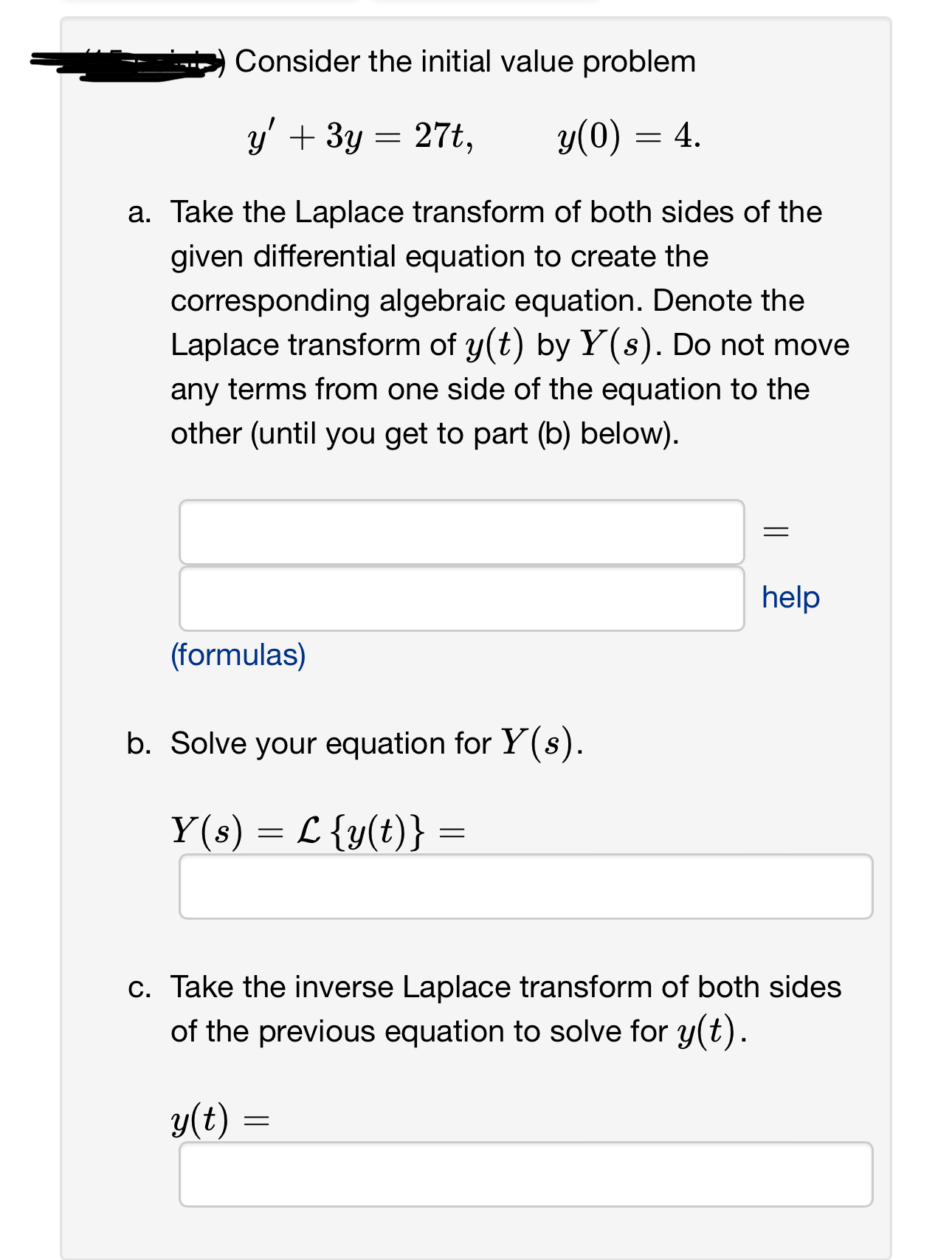 Solved Consider the initial value problem y′+3y=27t,y(0)=4. | Chegg.com