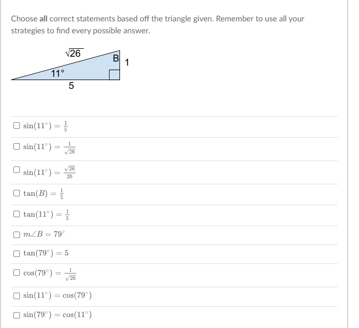 Solved Choose all correct statements based off the triangle | Chegg.com