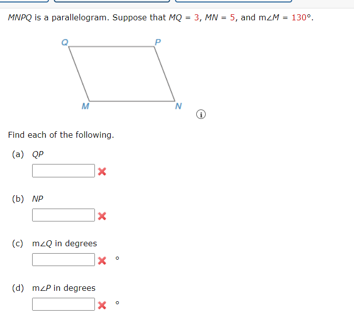 Solved MNPQ is a parallelogram. Suppose that MQ=3,MN=5, and | Chegg.com