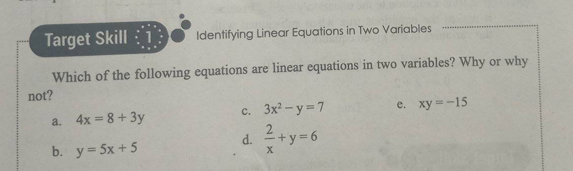 Solved Target Skill :∵∵: Identifying Linear Equations in Two | Chegg.com