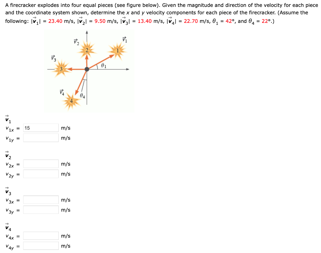 Solved A firecracker explodes into four equal pieces (see | Chegg.com