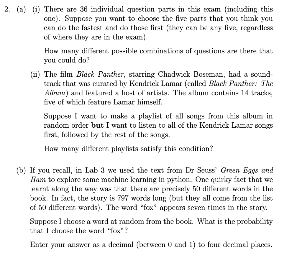 Solved 2. (a) (i) There are 36 individual question parts in | Chegg.com
