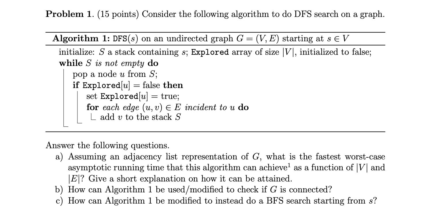 Solved Algorithm 1: DFS (s) on an undirected graph G=(V,E) | Chegg.com