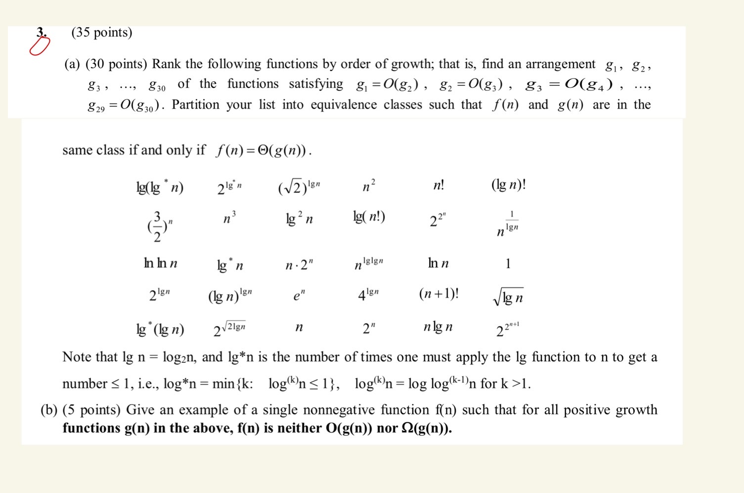 Solved (a) (30 points) Rank the following functions by order | Chegg.com
