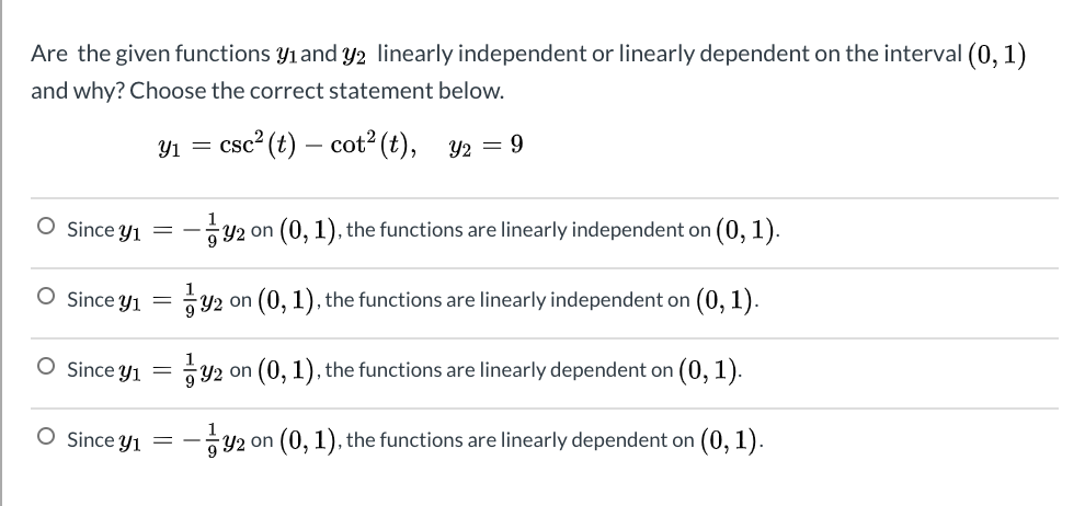 Solved Are the given functions yi and y2 linearly | Chegg.com