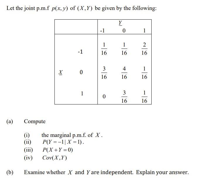 Solved Let the joint p.m.f p(x, y) of (X,Y) be given by the | Chegg.com
