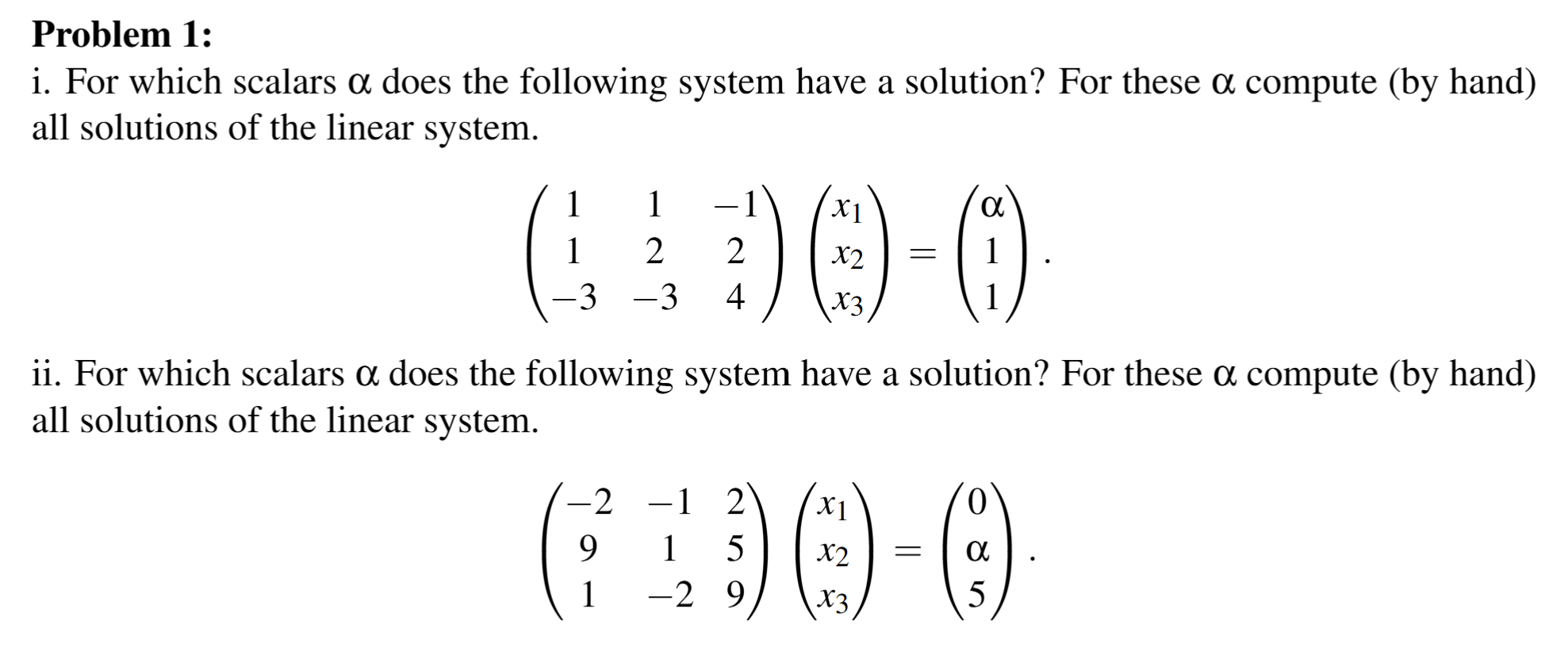 Solved Problem 1:i. ﻿For which scalars α ﻿does the following | Chegg.com