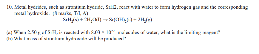 Solved Metal hydrides, such as strontium hydride, SrH2, | Chegg.com