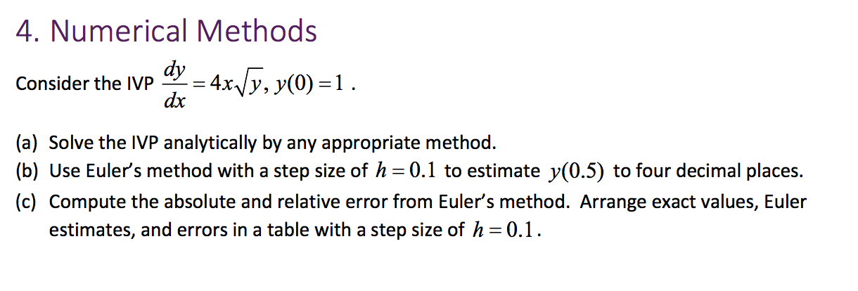 Solved 4. Numerical Methods dy Consider the IVP =4xVy, | Chegg.com