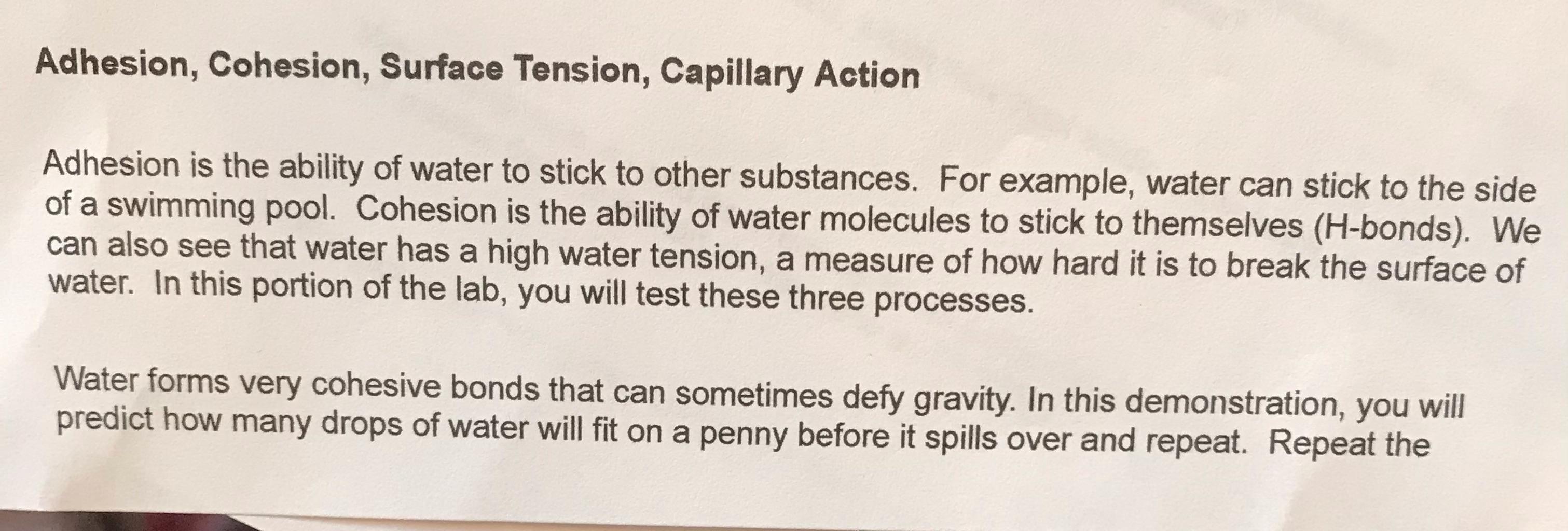 Solved Adhesion, Cohesion, Surface Tension, Capillary Action | Chegg.com