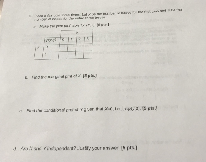 Solved Toss a fair coin three times. Let X be the number of | Chegg.com