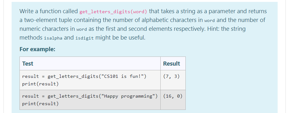 Solved Write a function called get_letters_digits (word) | Chegg.com