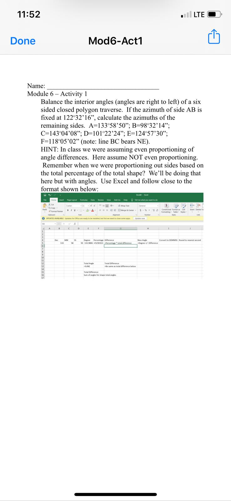 Solved 11:52 .1 LTE O Done Mod6-Act1 Name: Module 6 - | Chegg.com